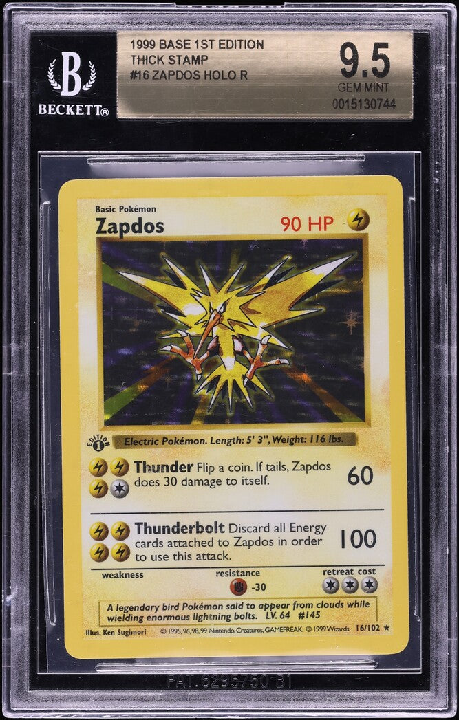 1999 POKEMON BASE SET SHADOWLESS 1ST EDITION HOLO THICK STAMP ZAPDOS ...