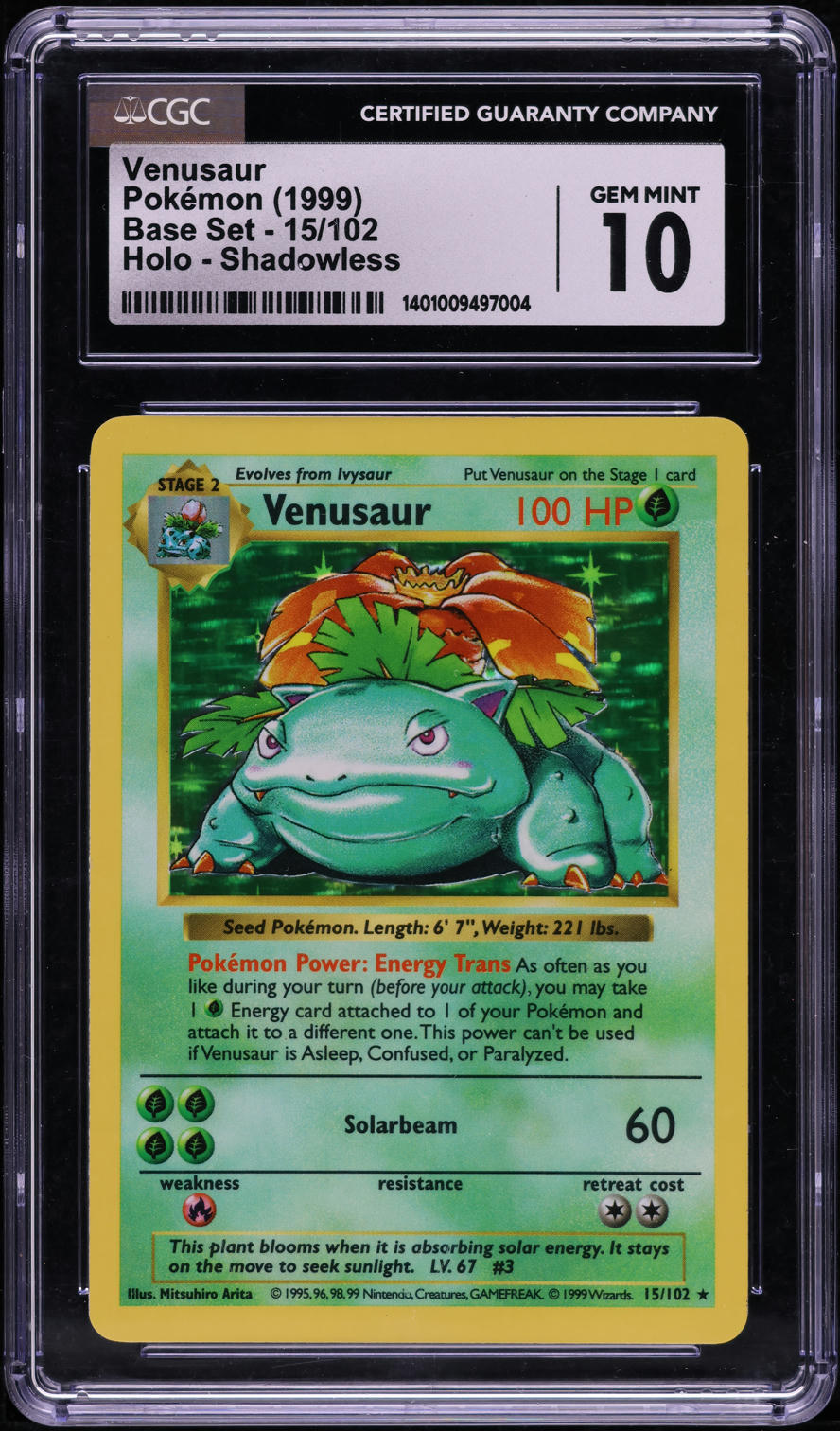 1999 POKEMON BASE SET SHADOWLESS HOLO VENUSAUR #15 CGC 10 GEM MINT ...