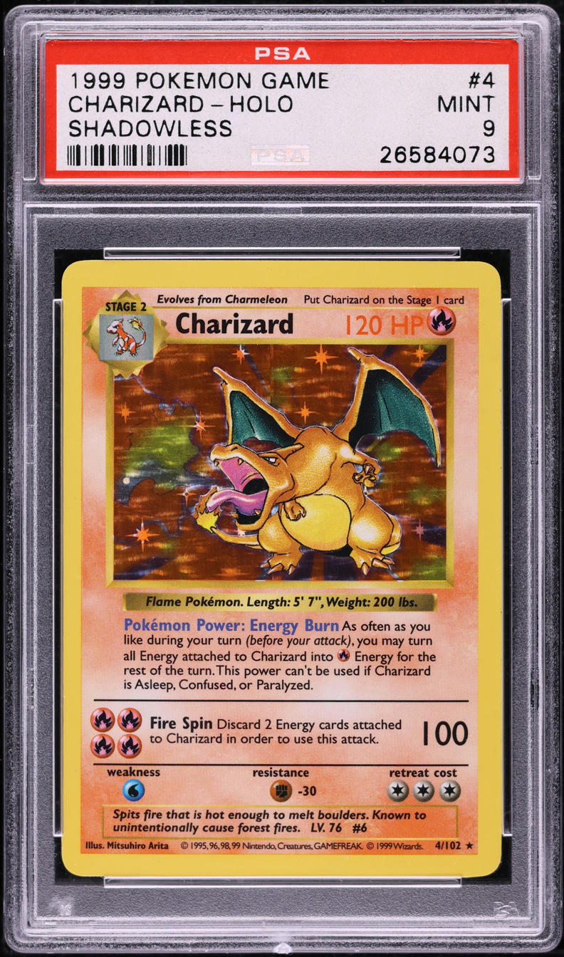 1999 POKEMON BASE SET SHADOWLESS HOLO CHARIZARD #4 PSA 9 MINT – lowpopping