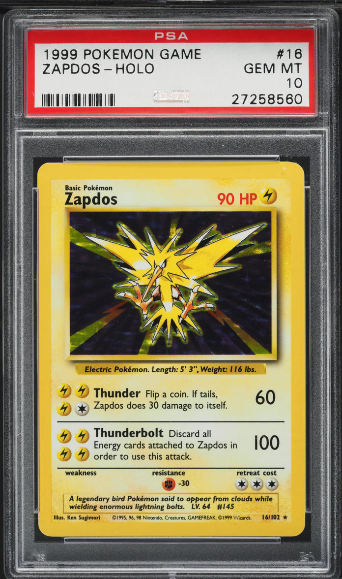 1999 POKEMON BASE SET HOLO ZAPDOS #16 PSA 10 GEM MINT – lowpopping