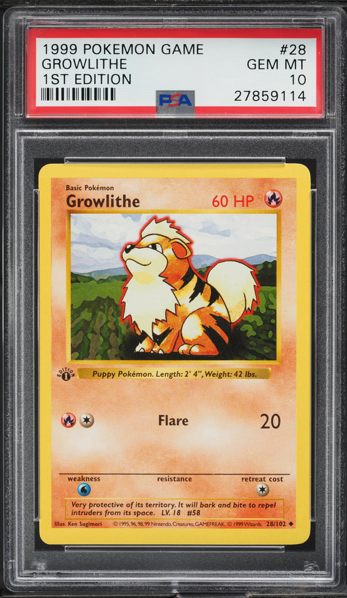 1999 POKEMON BASE SET SHADOWLESS 1ST EDITION GROWLITHE #28 PSA 10 GEM ...