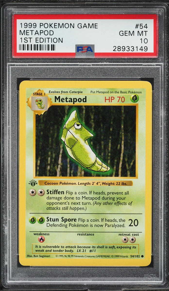1999 POKEMON BASE SET SHADOWLESS 1ST EDITION METAPOD #54 PSA 10 GEM MI ...
