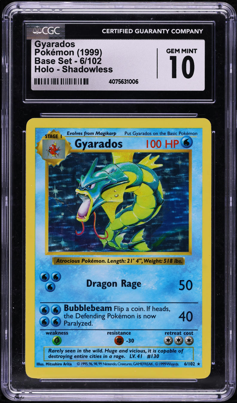 1999 POKEMON BASE SET SHADOWLESS HOLO GYARADOS #6 CGC 10 GEM MINT ...