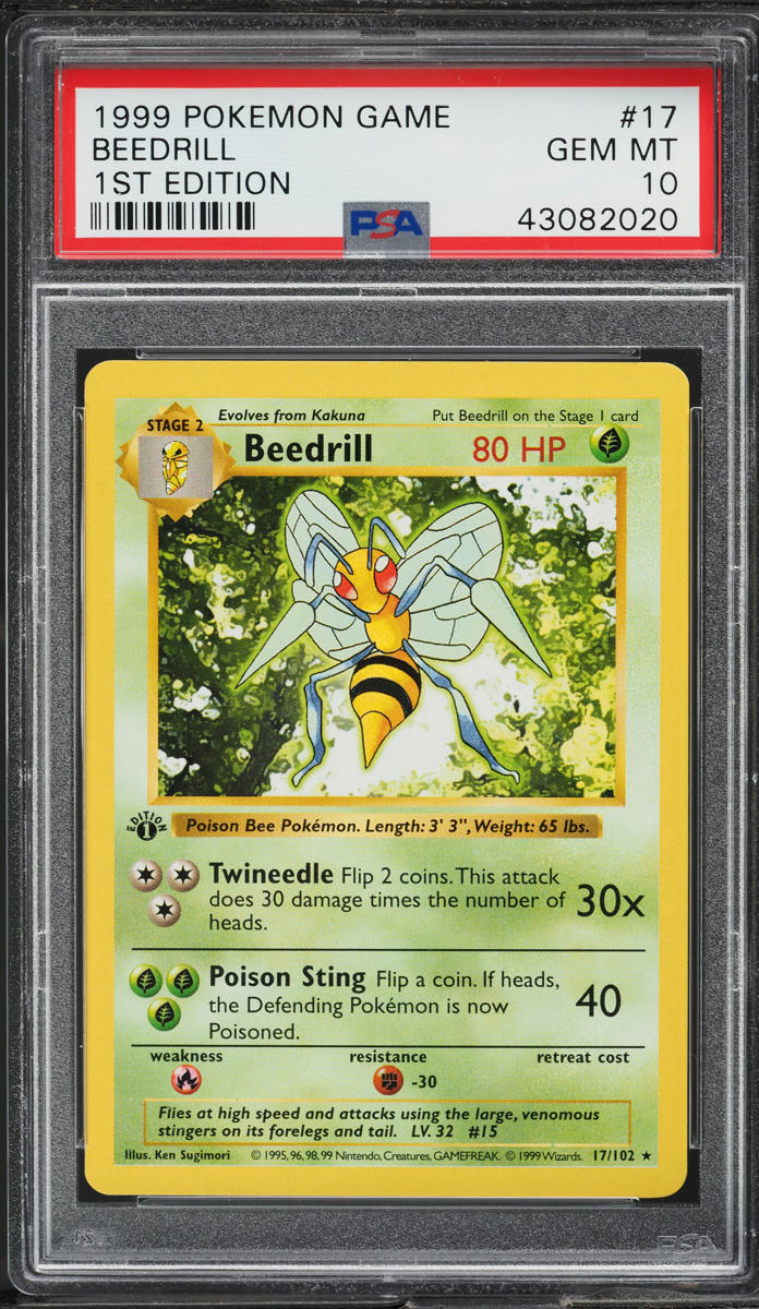 1999 POKEMON BASE SET SHADOWLESS 1ST EDITION BEEDRILL #17 PSA 10 GEM M ...