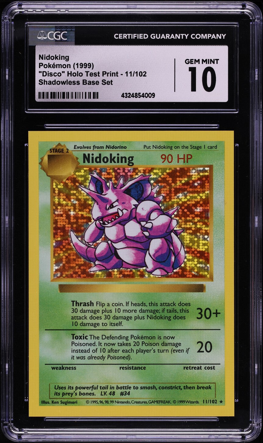 1999 POKEMON BASE SET SHADOWLESS DISCO HOLO TEST PRINT NIDOKING #11 CG ...