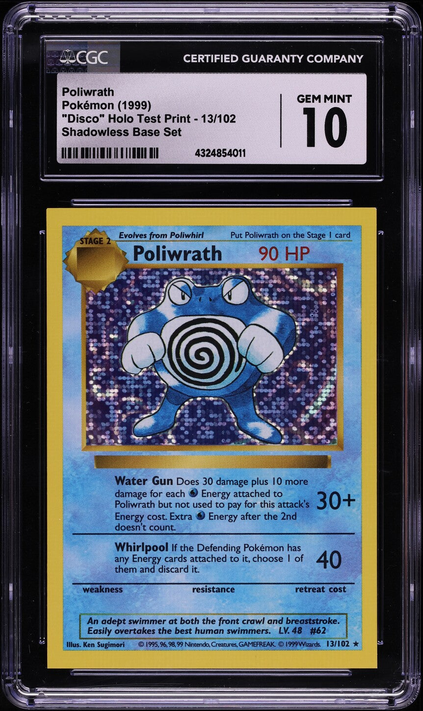 1999 POKEMON BASE SET SHADOWLESS DISCO HOLO TEST PRINT POLIWRATH #13 C ...