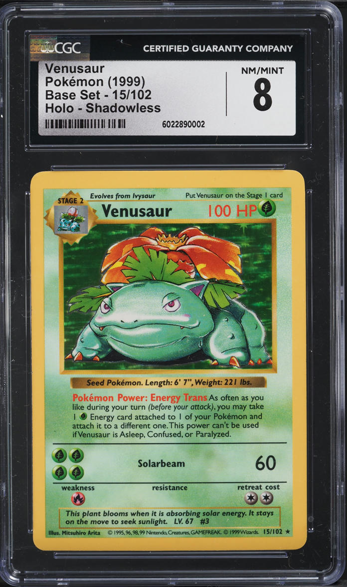 1999 POKEMON BASE SET SHADOWLESS HOLO VENUSAUR #15 CGC 8 NM-MT – lowpopping