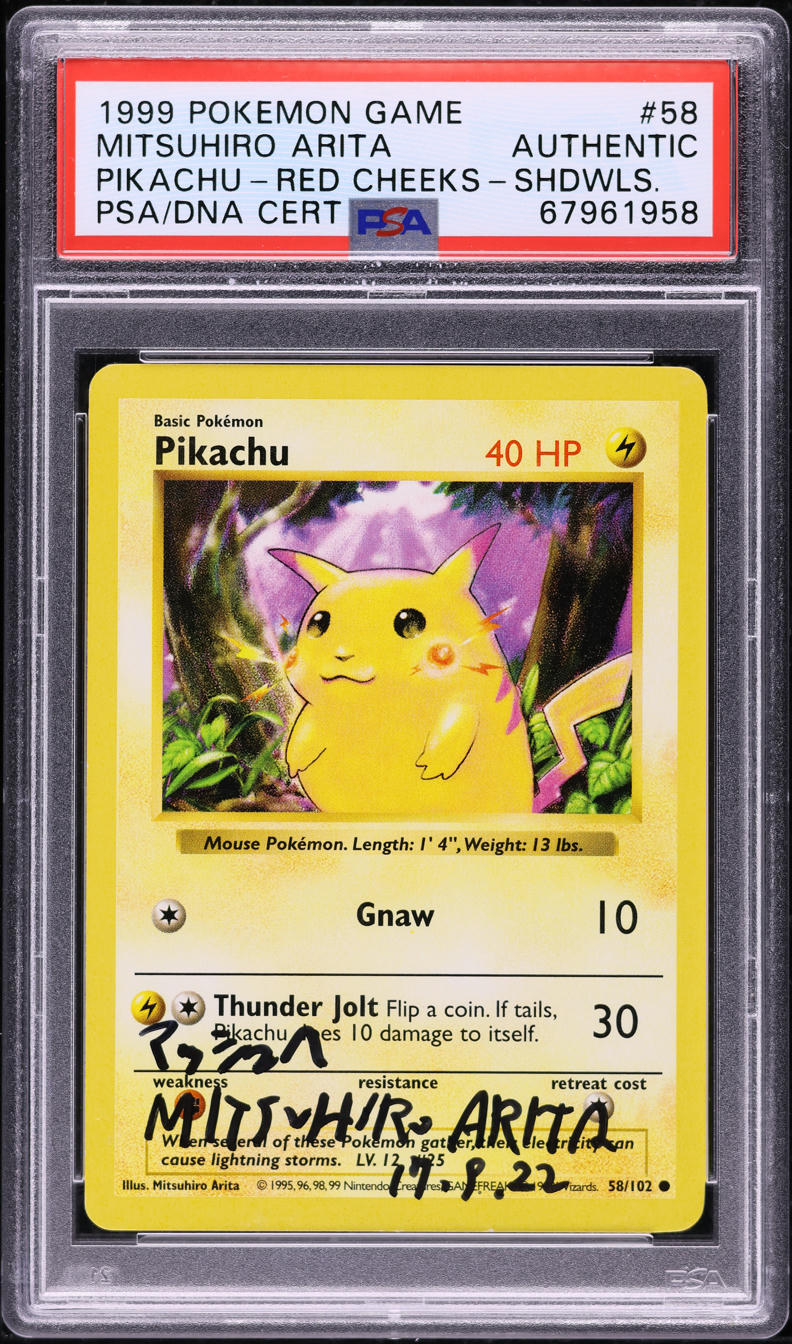 1999 POKEMON BASE SET SHADOWLESS RED CHEEKS PIKACHU #58 ARITA AUTO PSA ...
