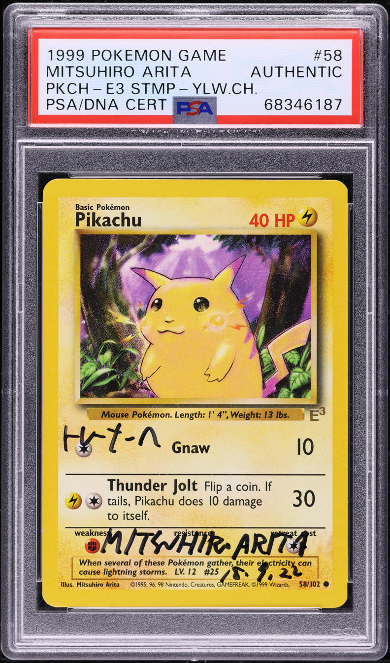1999 POKEMON BASE SET E3 STAMP YELLOW CHEEKS PIKACHU #58 ARITA AUTO PS ...
