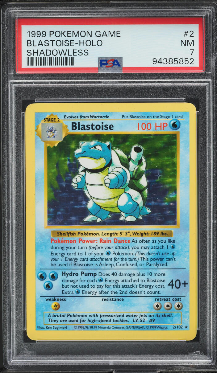 1999 POKEMON BASE SET SHADOWLESS HOLO BLASTOISE #2 PSA 7 NRMT – lowpopping